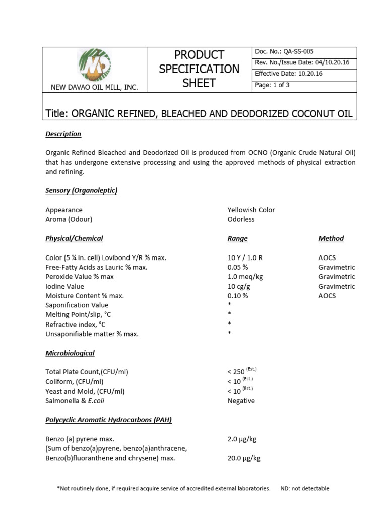 QA SS 005 Refined Bleached and Deodorized Coconut Oil Revision4 | PDF ...