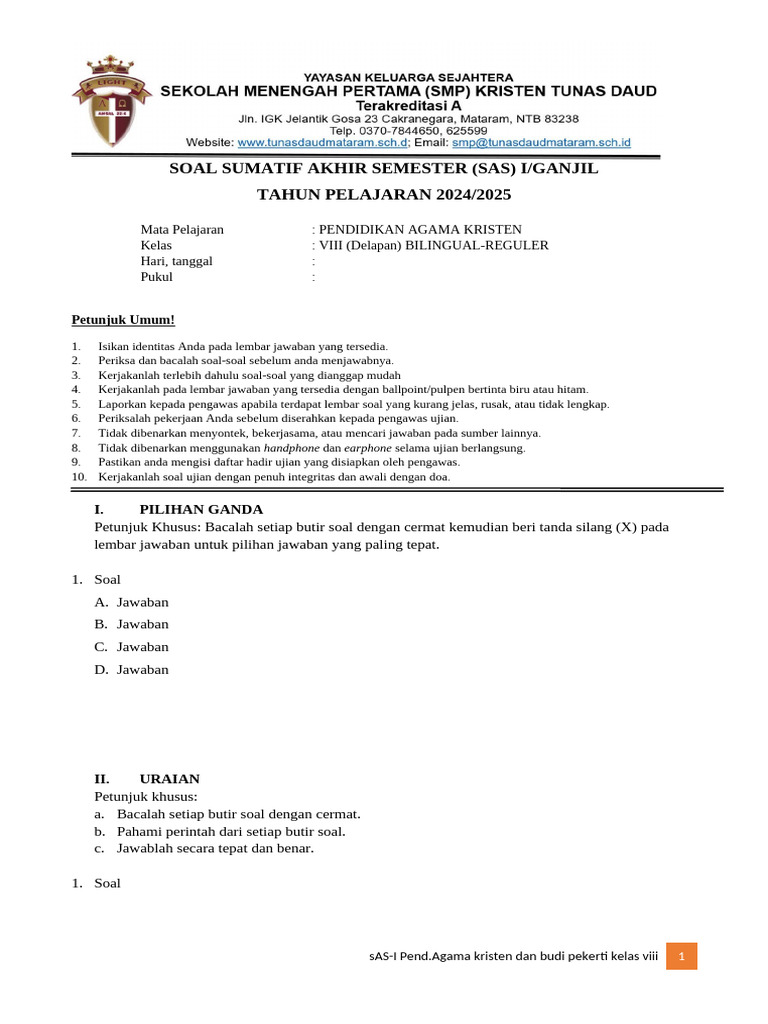 Template Lembar Soal Sas | PDF