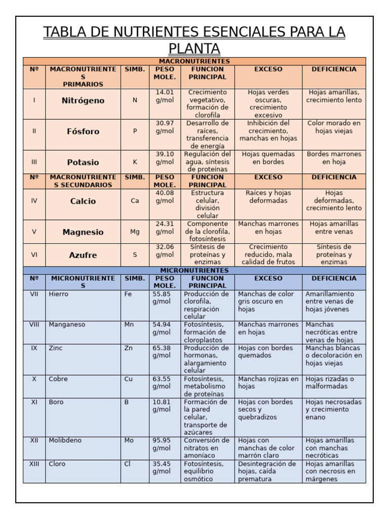 Tabla de Nutrientes Esenciales para La Planta | PDF | Hoja | Fotosíntesis
