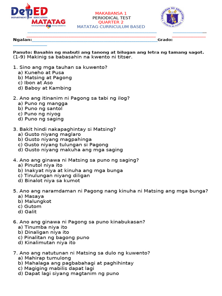PT Grade 1 Matatag Makabansa 1 | PDF