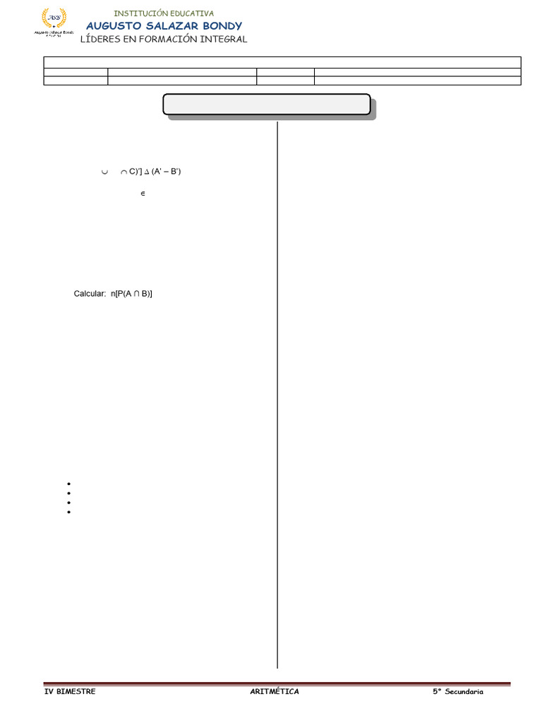 FA TEMA 5 ARIT - IV BIM - 5to Año - OPERACIONES CON CONJUNTOS | PDF