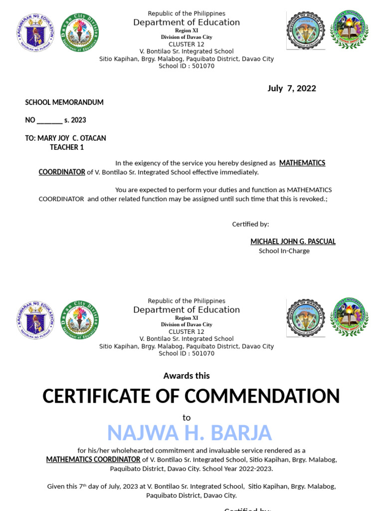 Ipcrf Cert of Commendation | PDF