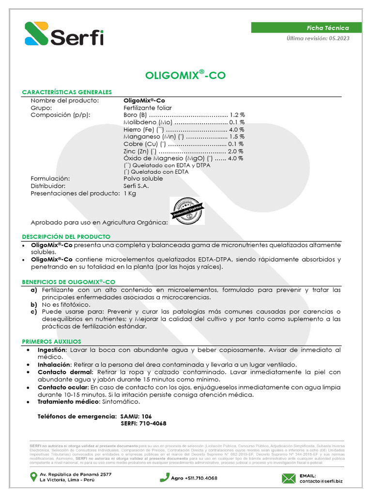 Ficha Tecnica OLIGOMIX Co v05.2023 | PDF | Fertilizante | Molibdeno