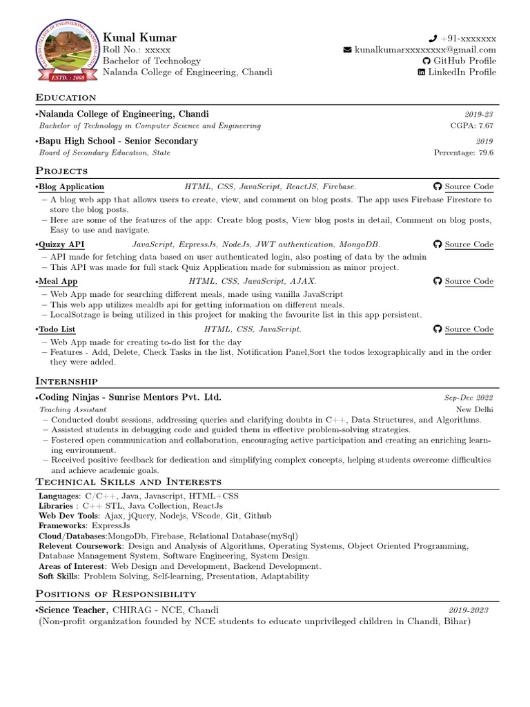 Bihar Engineeringnce Chandi Resume Template | PDF | Computer ...