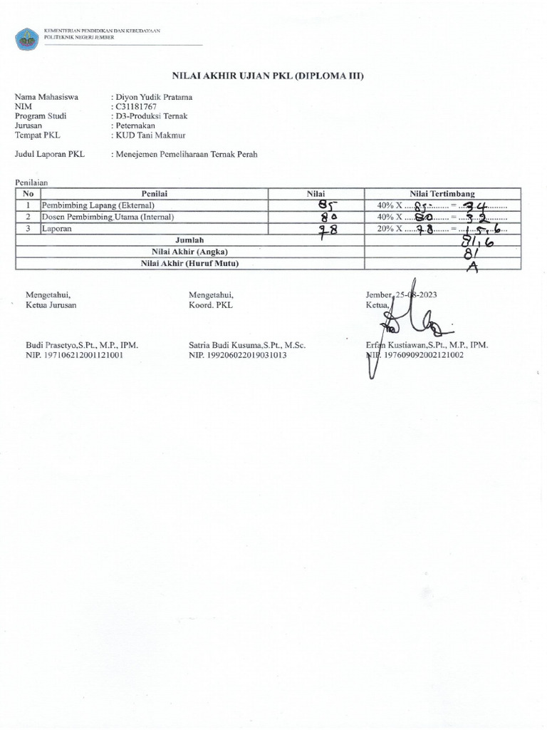 Nilai PKL | PDF