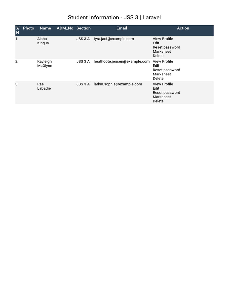 Student Information - JSS 3 Laravel | PDF
