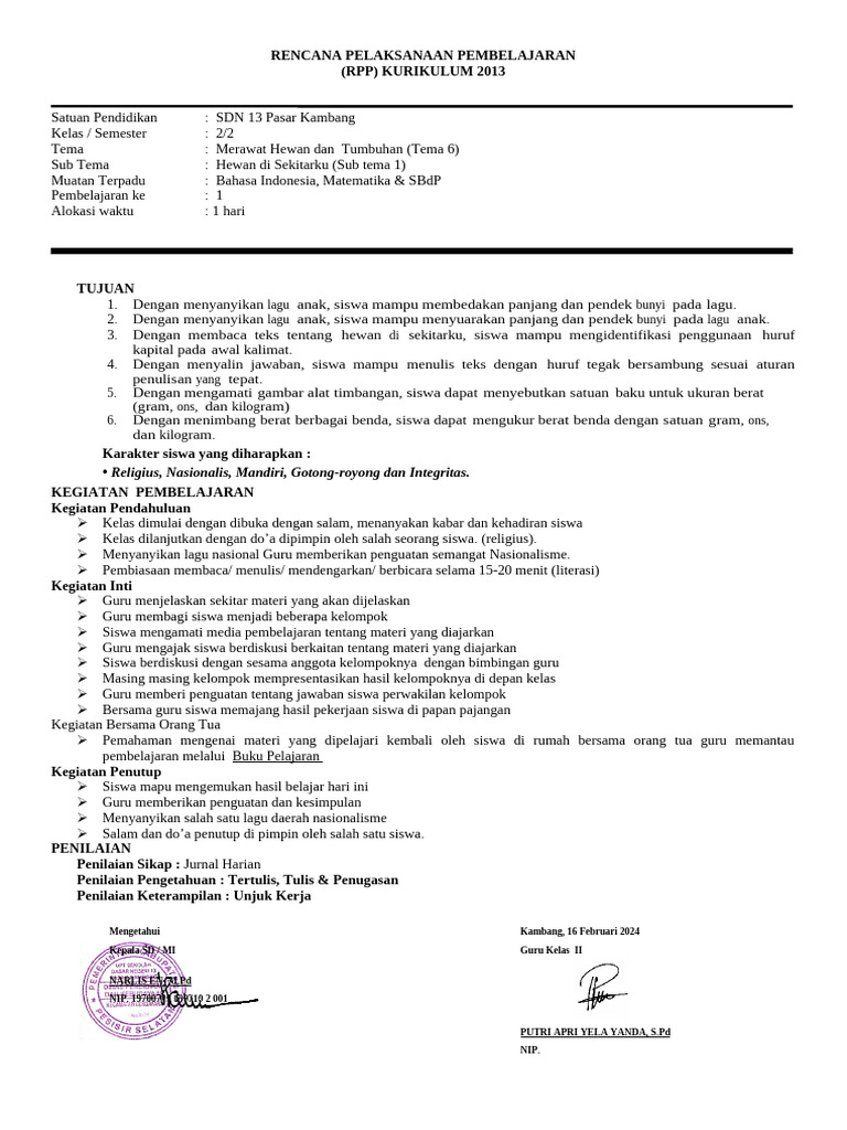 RPP Tema 6 Subtema 1 PB 1 Kelas 2 SD | PDF