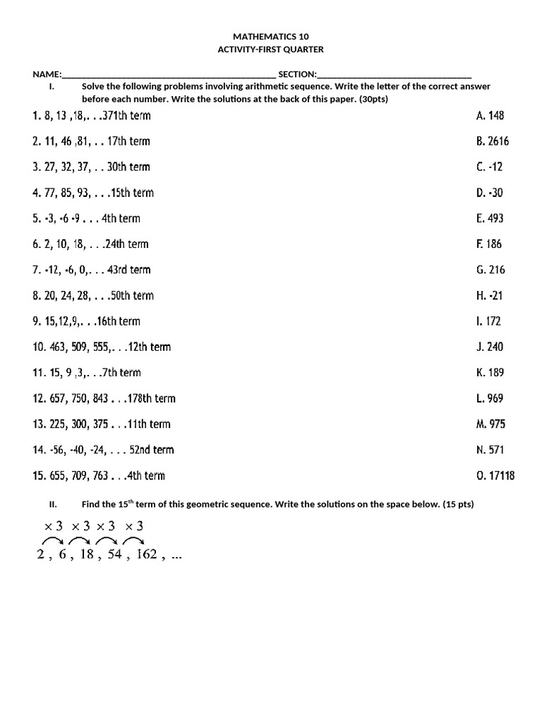 Math 10: Sequence Problem Set | PDF