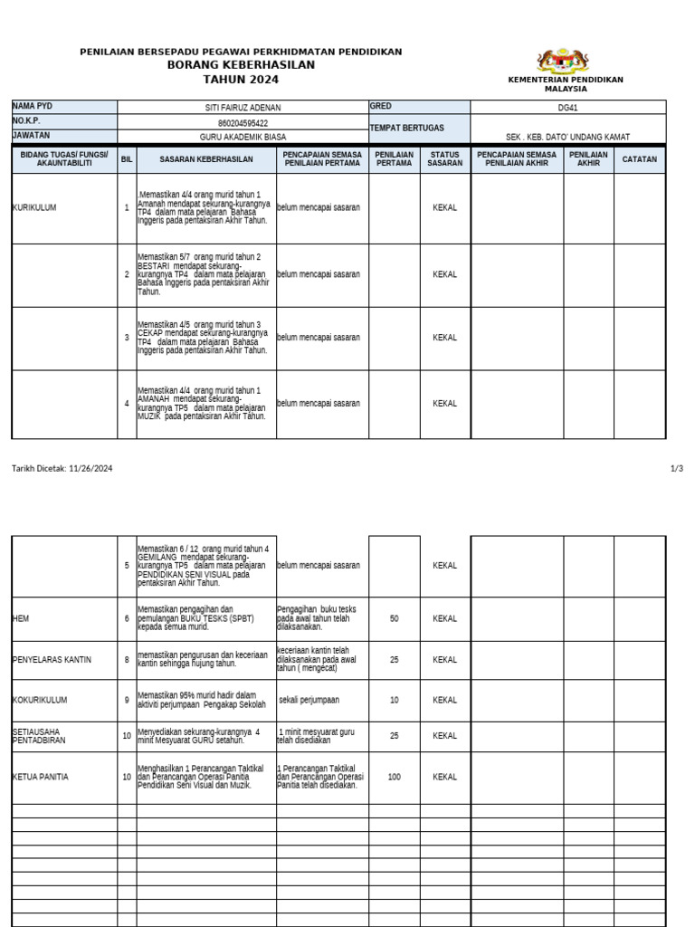 Borang Keberhasilan Fairuz | PDF