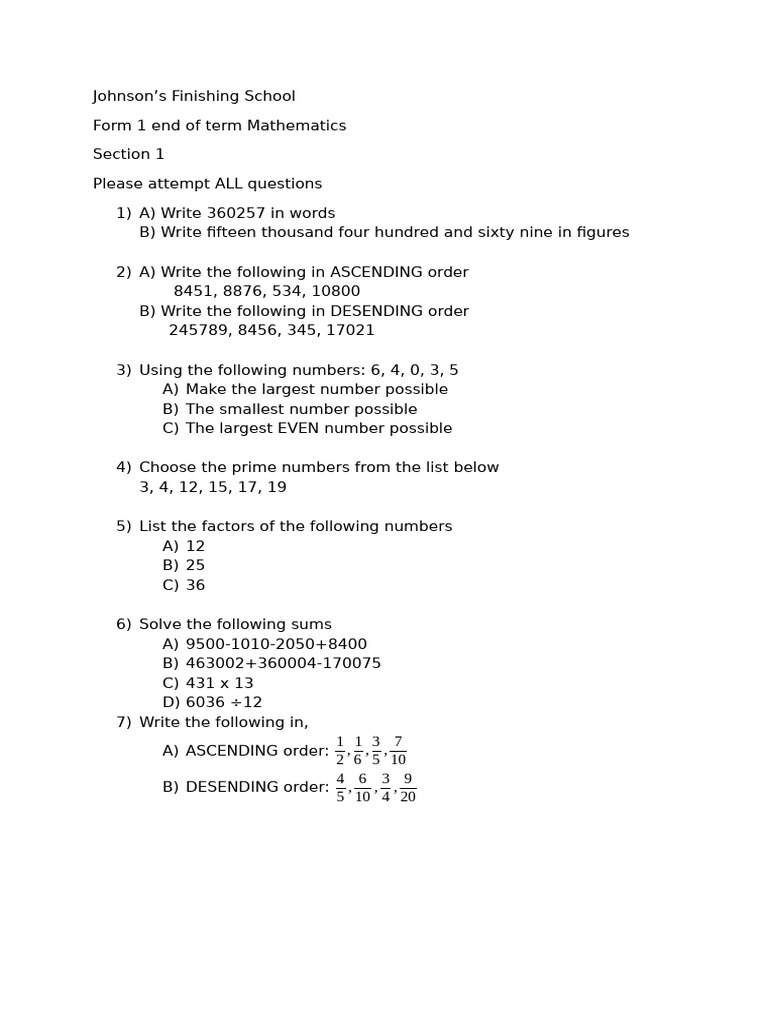 Form 1 End of Term Math Exam | PDF | Numbers | Mathematics