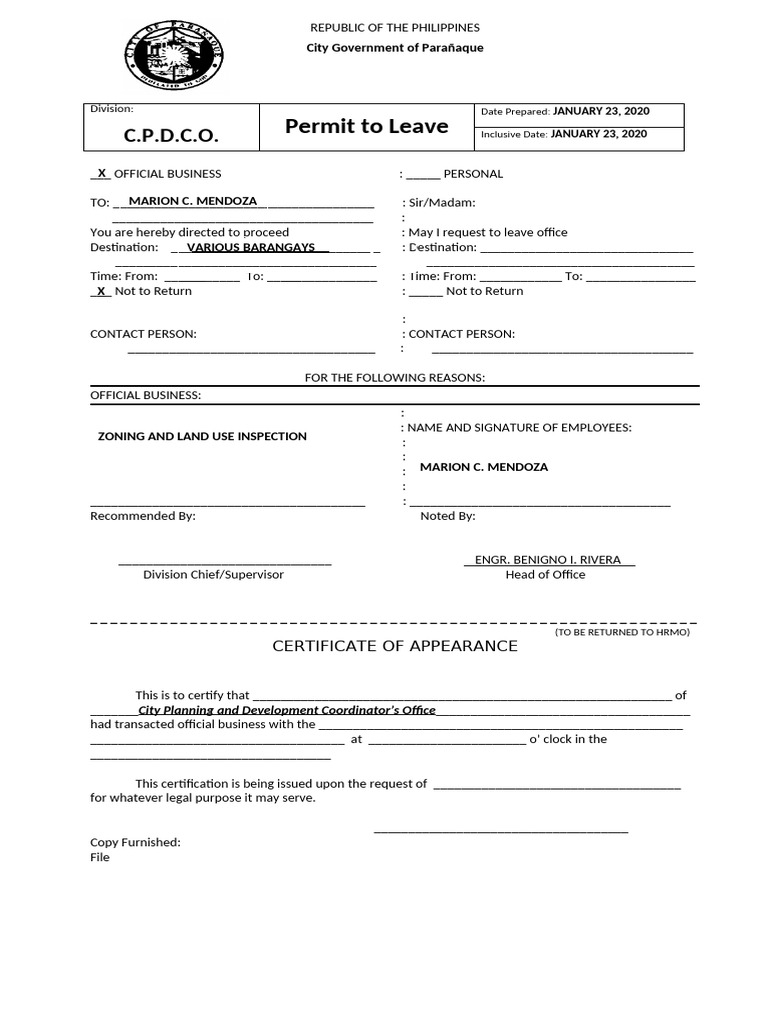 Permit To Leave | PDF