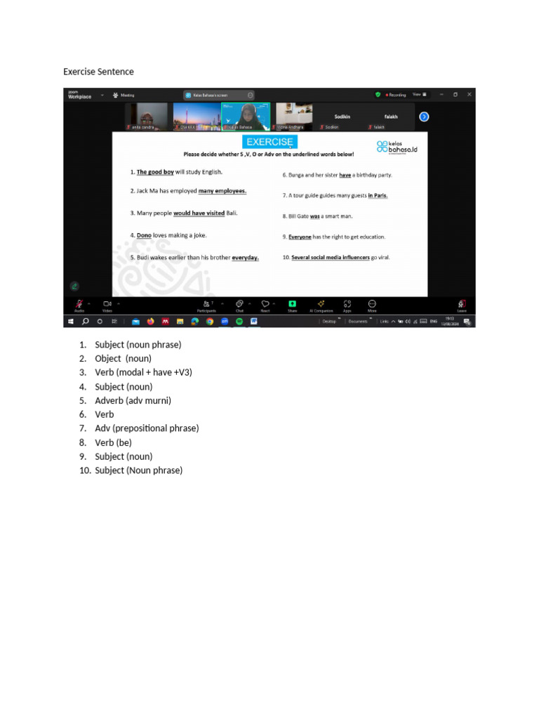 Grammer Class - Exercise 1 Sentence | PDF