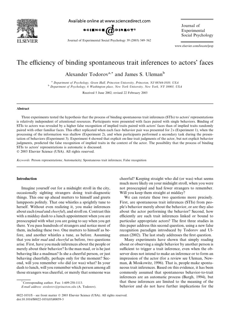 The Efficiency of Binding Spontaneous Trait Inferences To Actors' Faces ...