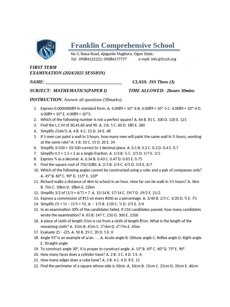 MATHS JSS3 | PDF | Numbers | Mathematics