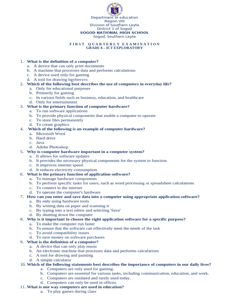 Grade 8 ICT Exam: Computer Basics | PDF | Computer Hardware | Software