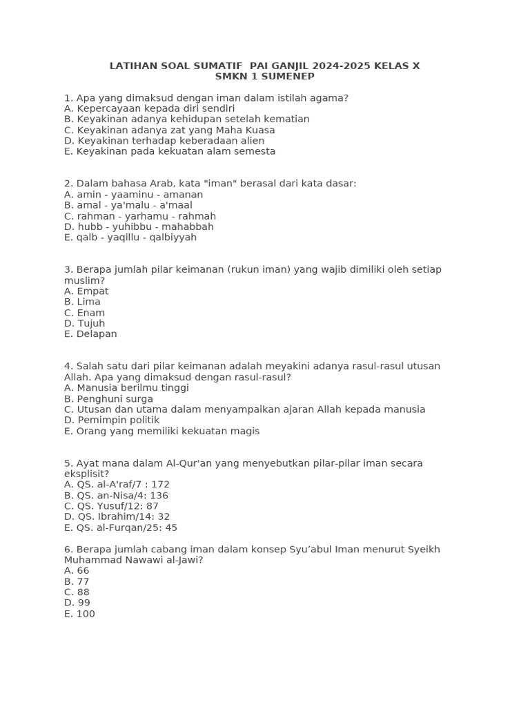 Latihan Soal Pilihan Ganda (PG) Pai Pas Ganjil Kelas X No Ans 2024-2025 | PDF