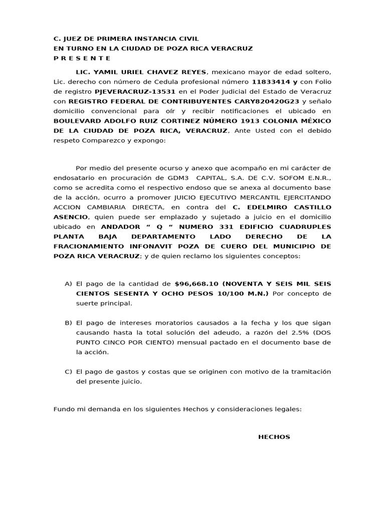 Demanda Mercantil Edelmiro Castillo Asencio | PDF | Demanda judicial ...