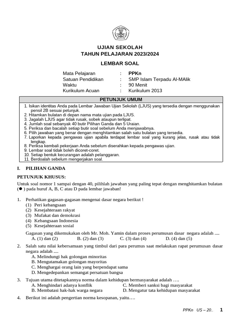 Soal US PPKN 2023 2024 | PDF