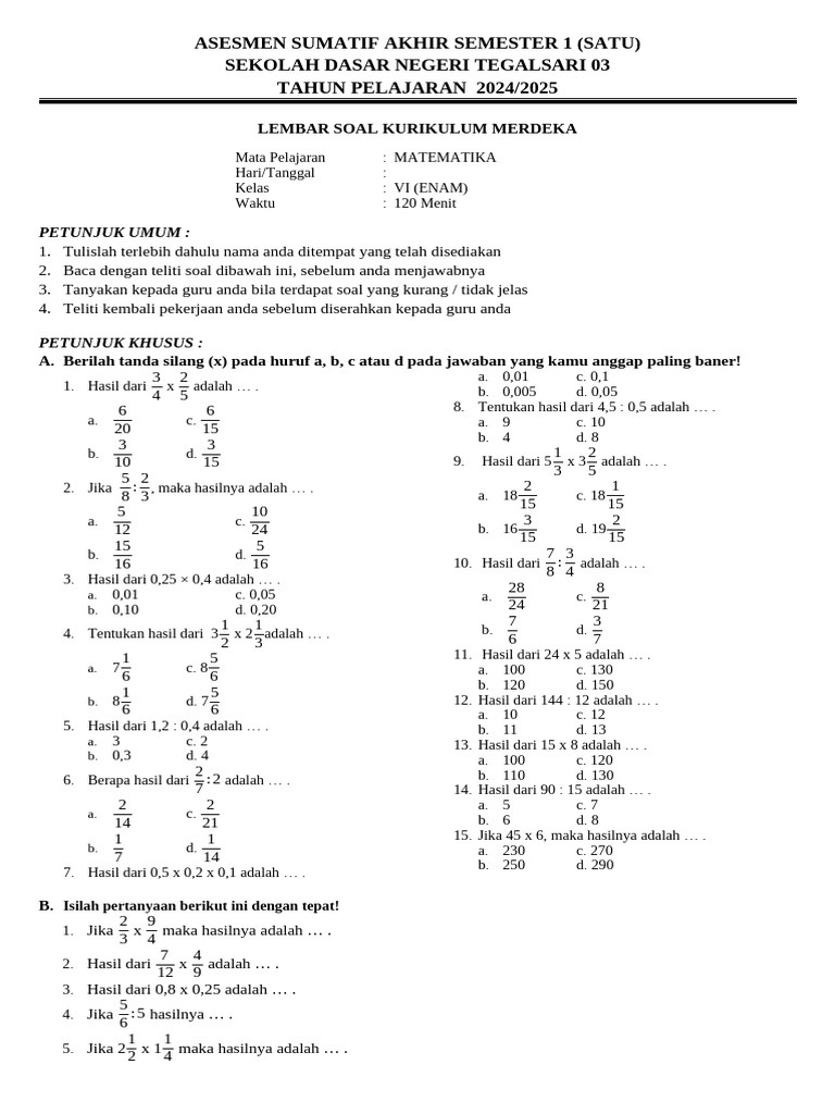 Asesmen Sumatif Akhir Semester 1 Matematika | PDF