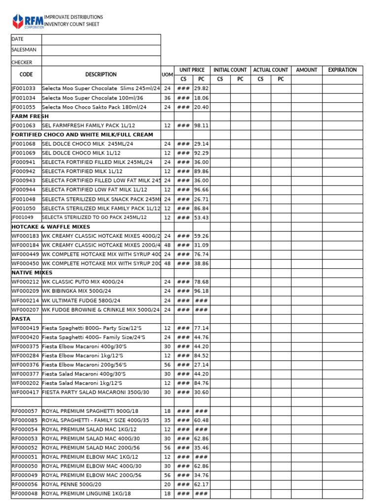 RFM Inv Count Sheet | PDF | Spaghetti | Pancake