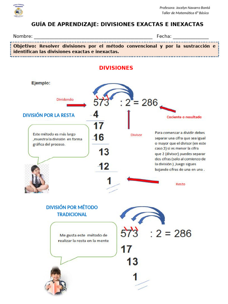 Guia 1 Matematicas 5° Divisiones Exactas e Inexactas | PDF