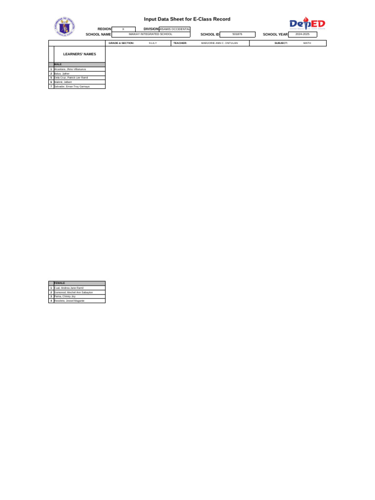 E-Class Record for 9-Lily Math 2024-2025 | PDF
