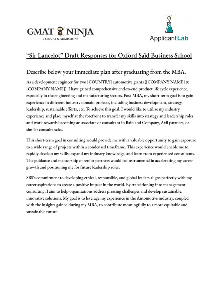 "Sir Lancelot" Draft Responses For Oxford Saïd Business School | PDF ...