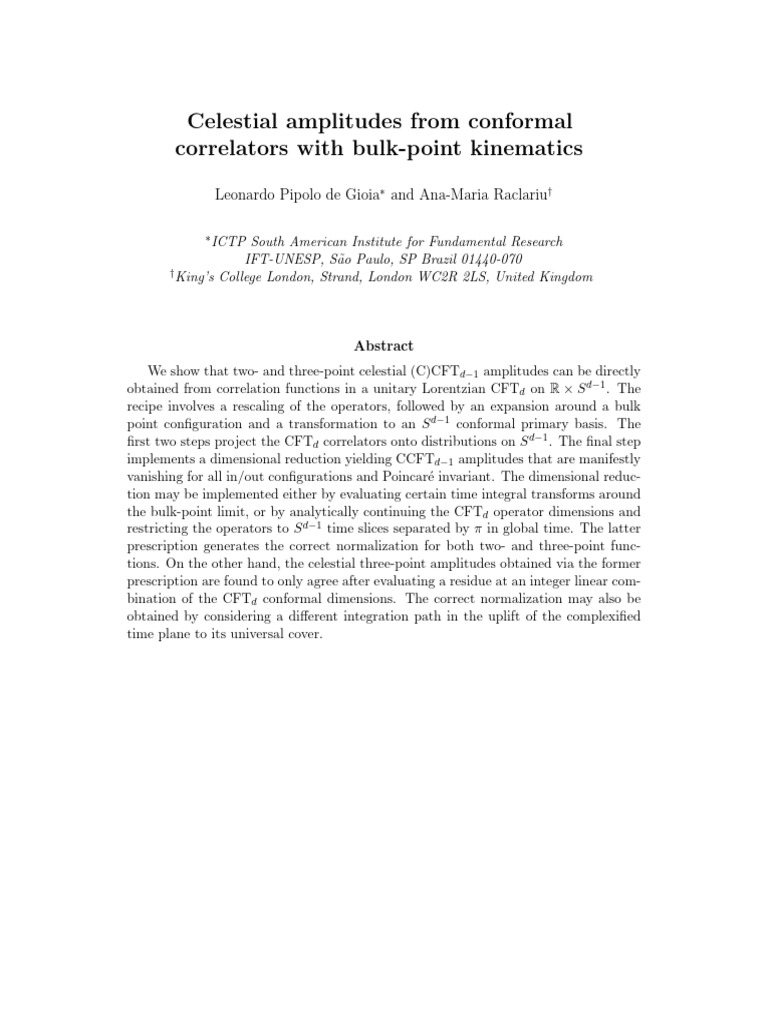 Celestial Amplitudes From Conformal Correlators With Bulk-Point Kinematics | PDF | Physics ...