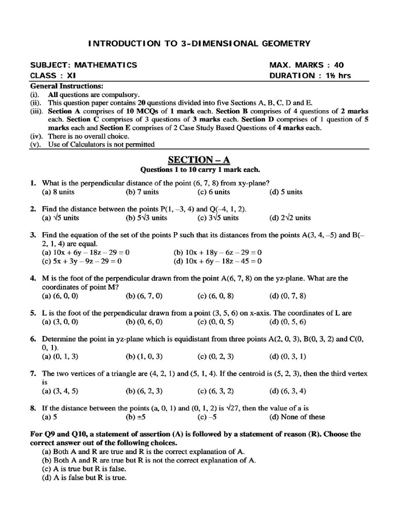 Maths-Class-Xi-Introduction-To-3-Dimensional-Geometry Paper-11-Answers | PDF