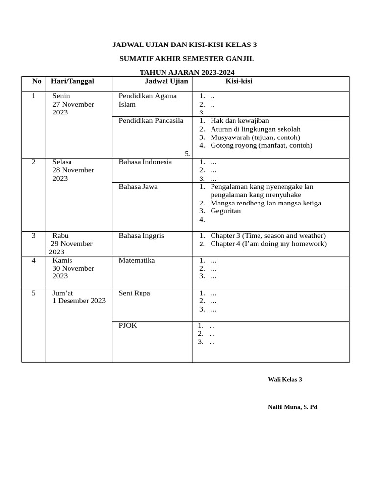 Jadwal Dan Kisi-Kisi Sas Ganjil | PDF