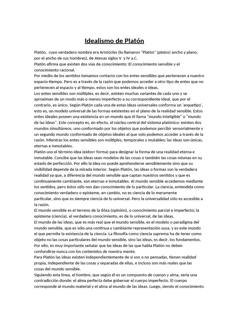 Idealismo de Plat N | PDF | Platón | Conocimiento