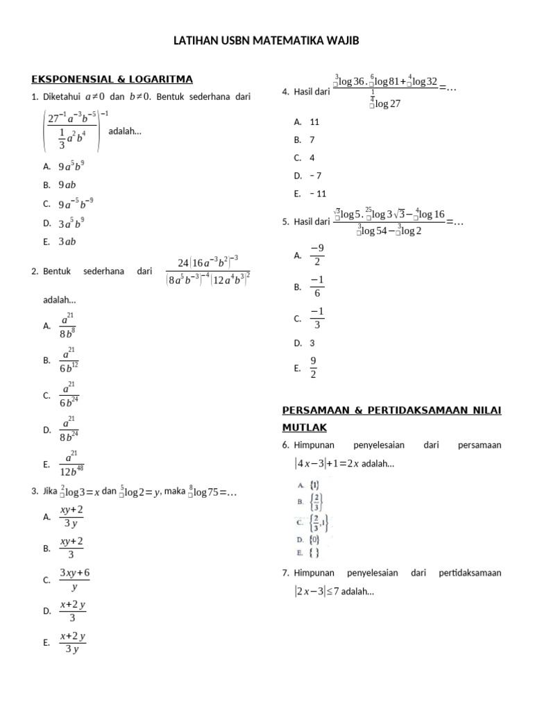 Latihan Usbn Matematika Wajib | PDF