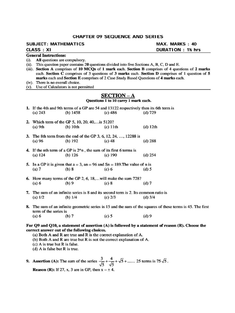 Maths Class Xi Chapter 09 Sequence and Series Paper 06 | PDF