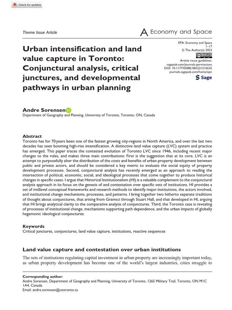 Sorensen 2023 Urban Intensification and Land Value Capture in Toronto ...