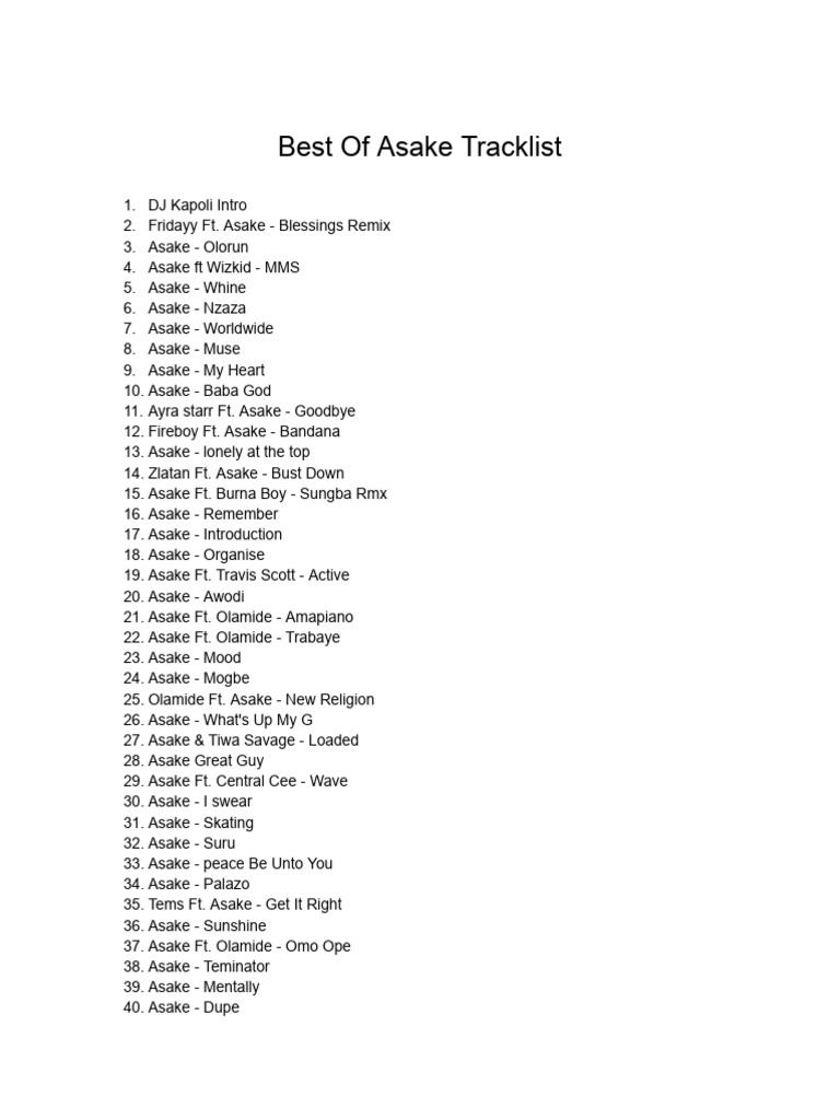 Best of Asake: Complete Tracklist | PDF