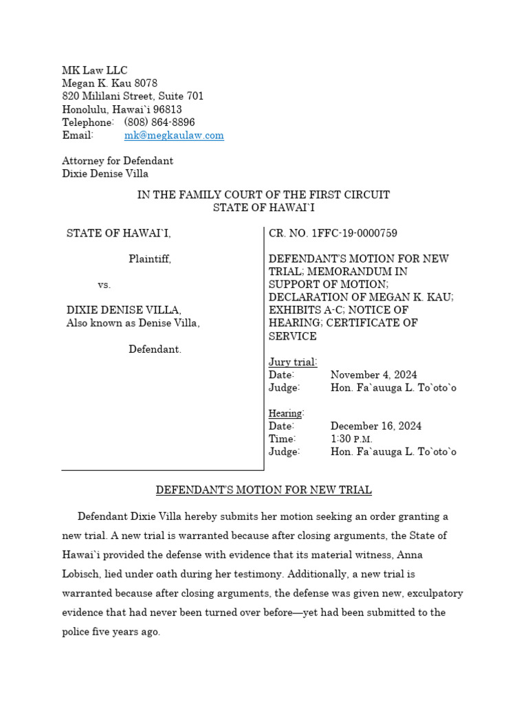 Motion for New Trial: Dixie Denise Villa | PDF | Witness | Trials