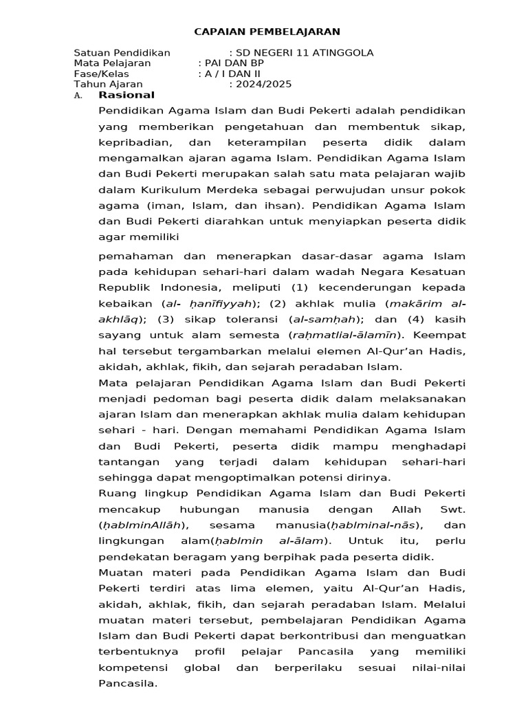 CP Pai Fase A Kelas 1 Dan 2 | PDF