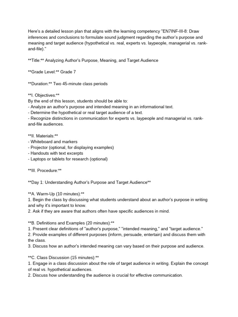 Analyzing Author's Purpose and Audience | PDF | Target Audience ...