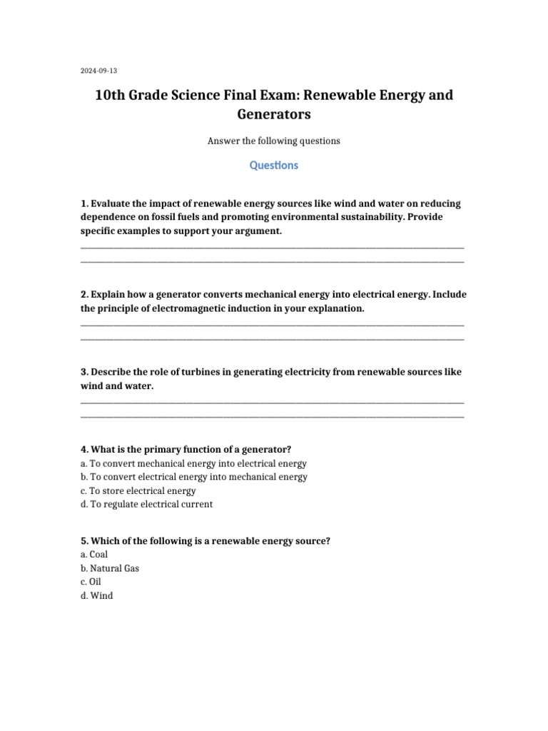 10th Grade Science Final Exam Renewable Energy and Generators | PDF ...