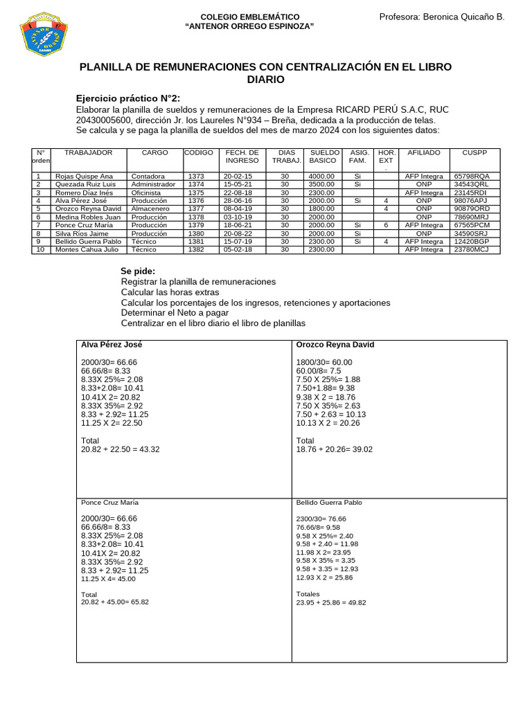 Practica de Centralizacion Al Diario de Planillas Virtual | PDF