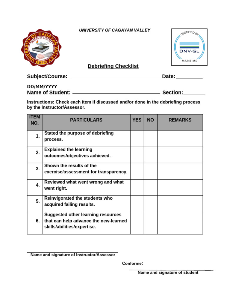 Debriefing Checklist | PDF