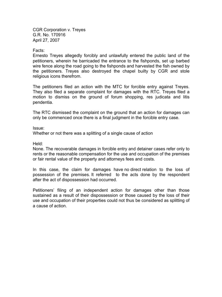 CGR Corp v. Treyes: Forcible Entry Case Summary | PDF