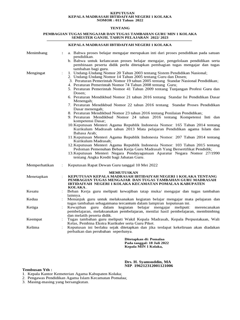 1.SK - Pemb.tugas Mengajar Semester 1 2022-2023 | PDF