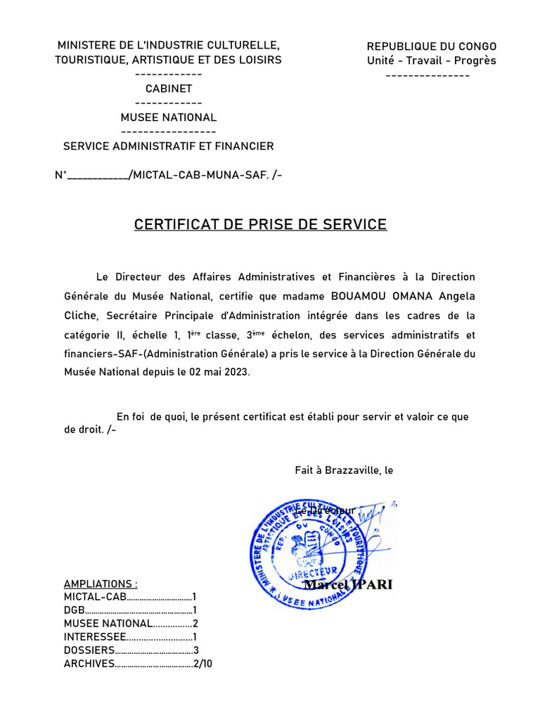 Certificat de Prise de Service MUNA | PDF