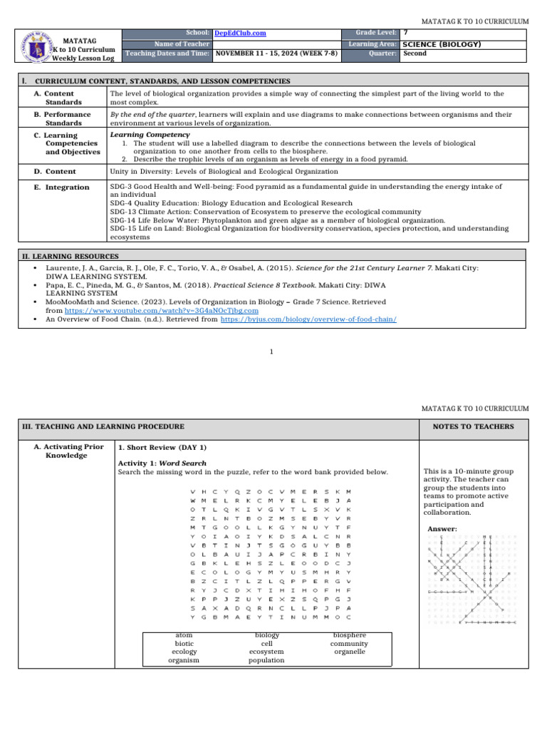DLL Matatag - Science 7 Q2 W7 | PDF | Biology | Ecology