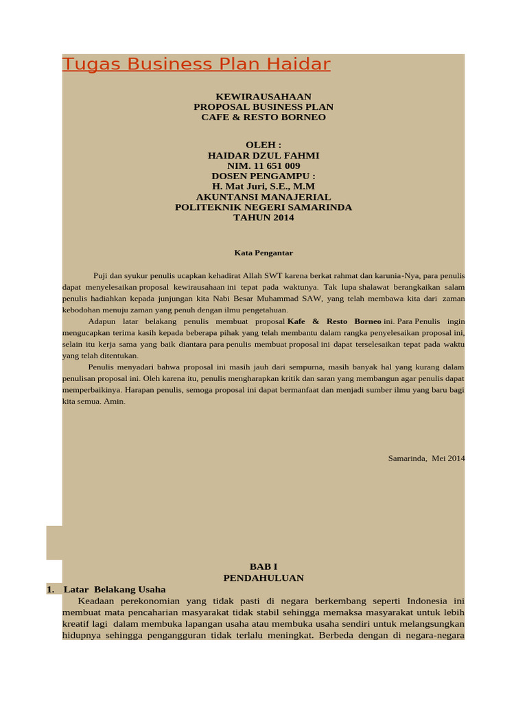 PROPOSAL BUSINESS PLAN Tugas Business Plan Haidar | PDF