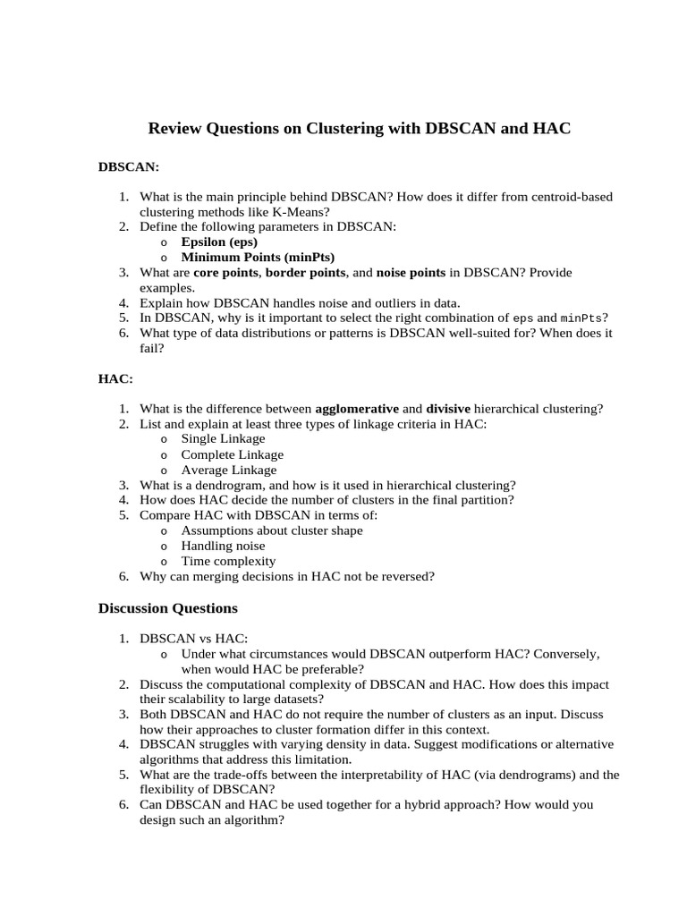 Review Questions On Clustering Dbscan And Hac Pdf Cluster Analysis Algorithms