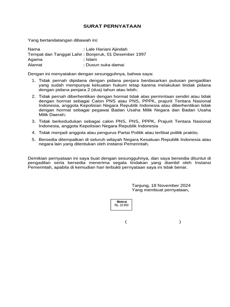 Surat Pernyataan PPPK 2024 | PDF