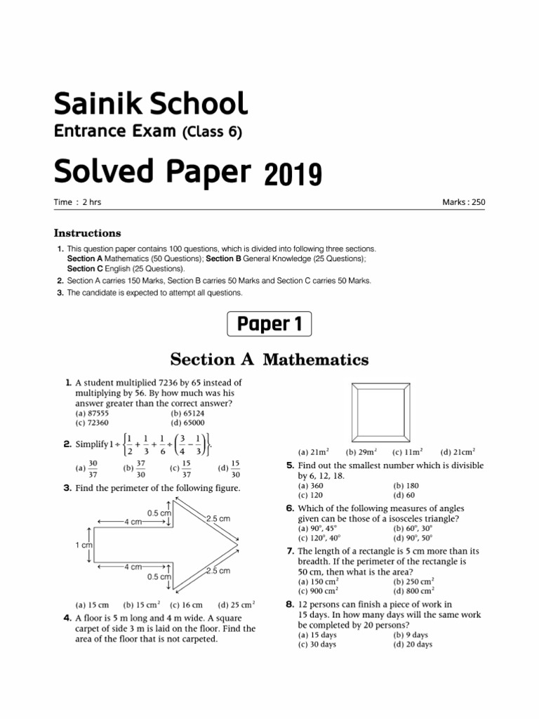 Sainik School Class 6 Question Paper 2019 | PDF