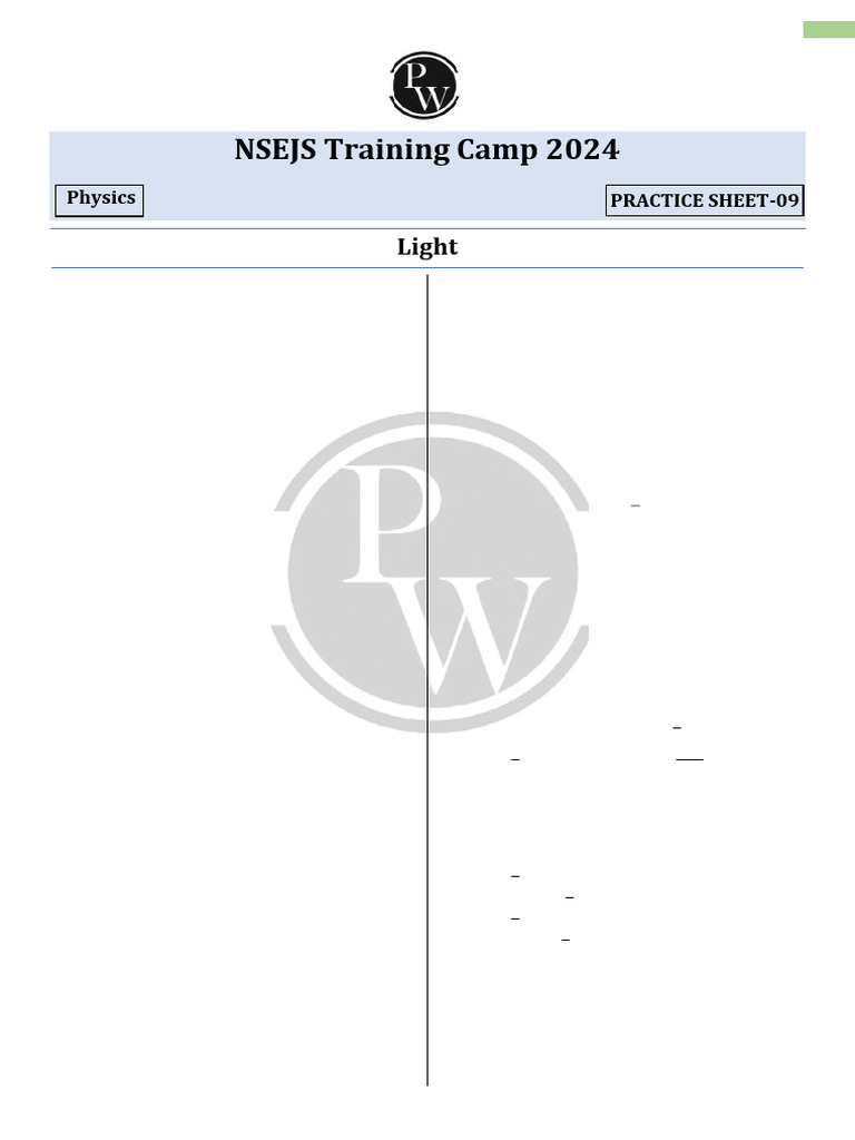 Light: Practice Sheet - (Only PDF) - NSEJS Training Camp 2024 | PDF ...